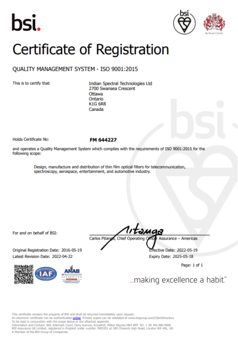 ISO 9001 Certification - Iridian Spectral Technologies